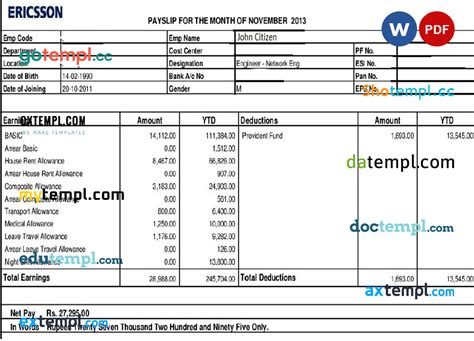 Ericsson Networking And Telecommunications Company Paystub Fake Template In Word And Pdf Formats
