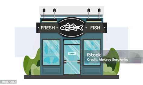 작은 지역 생선 가게 정문 선 표지판 흰색으로 고립된 신선한 해산물 가게 미식가 건강하고 생태 적인 생선 제품 공급자 중소기업 및 기업가 정신 개념 거리에 대한 스톡 벡터