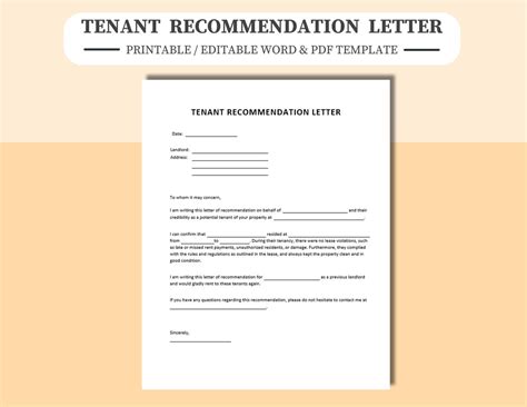 Tenant Recommendation Letter Template Printable And Editable Pdf Word
