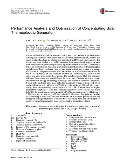 Pdf Performance Analysis And Optimization Of Concentrating Solar Thermoelectric Generator