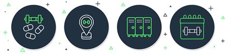 라인 위치 체육관 라커 또는 탈의실 덤벨 및 캘린더 피트니스 아이콘으로 스포츠 도핑을 설정합니다 벡터 지도 핀 아이콘에 대한 스톡 벡터 아트 및 기타 이미지 Istock