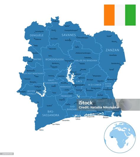 Ivory Coast Detailed Map With Regions And Cities Of The Country Flag