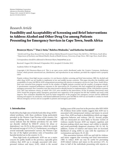 Pdf Feasibility And Acceptability Of Screening And Brief