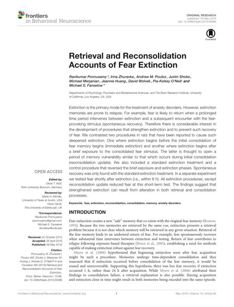 Pdf Retrieval And Reconsolidation Accounts Of Fear Extinction