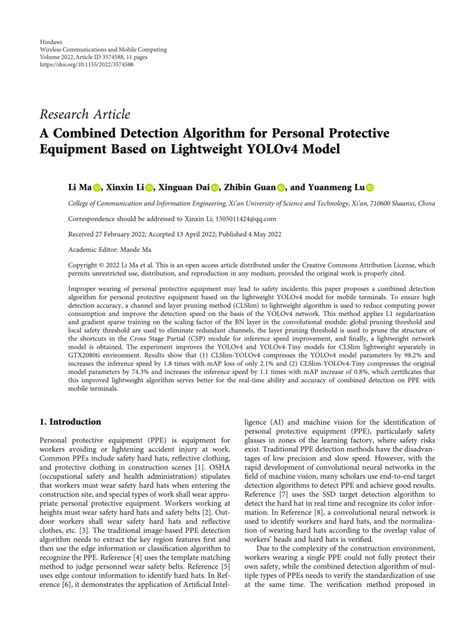 PDF A Combined Detection Algorithm For Personal Protective Equipment Based On Lightweight