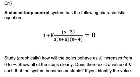Solved Q A Closed Loop Control System Has The Following Chegg Com