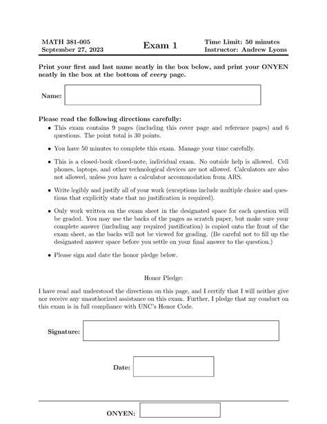 Math 381 Exam 1 Practice Exam Math 381 Exam 1 Time Limit 50 Minutes September 27 2023