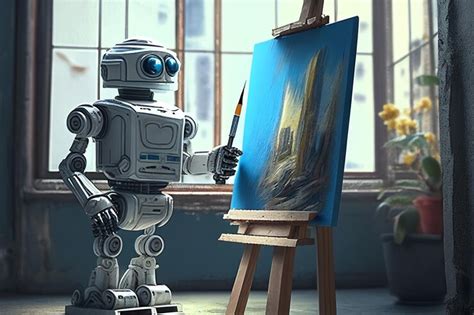 인공 지능 Ai 로봇 아티스트 페인트 또는 생성된 그림 텍스트에서 이미지 생성 Generative Ai 프리미엄 사진