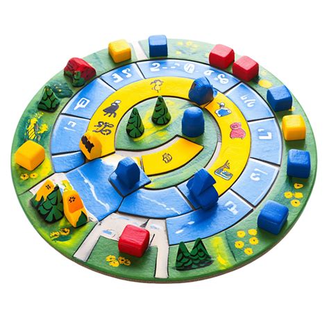 A Colorful Circular Board Game With Wooden Pieces And A Scenic Design