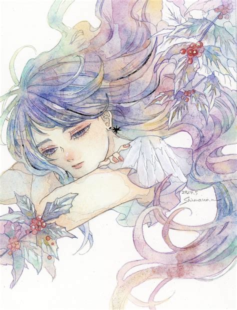 Safebooru 1girl Blue Hair Branch Crossed Arms Dated Earrings