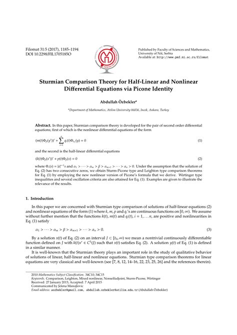 Pdf Sturmian Comparison Theory For Half Linear And Nonlinear Differential Equations Via Picone