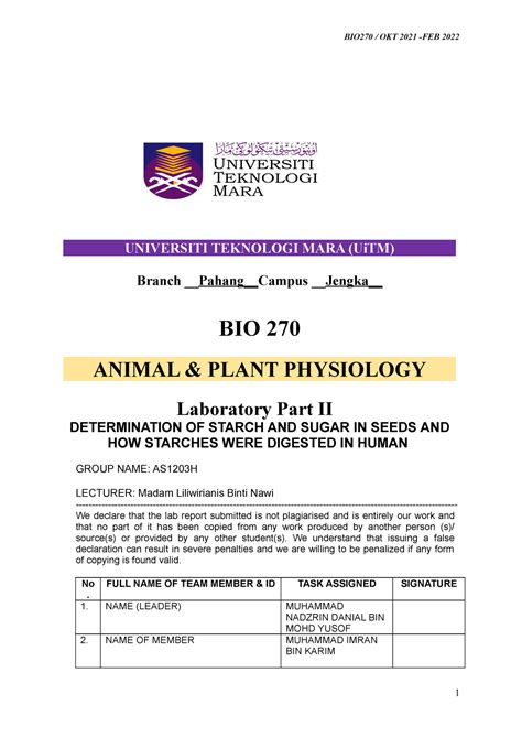 BIO270 Lab 2 BIO 270 LAB REPORT UNIVERSITI TEKNOLOGI MARA UiTM Branch Pahang Campus