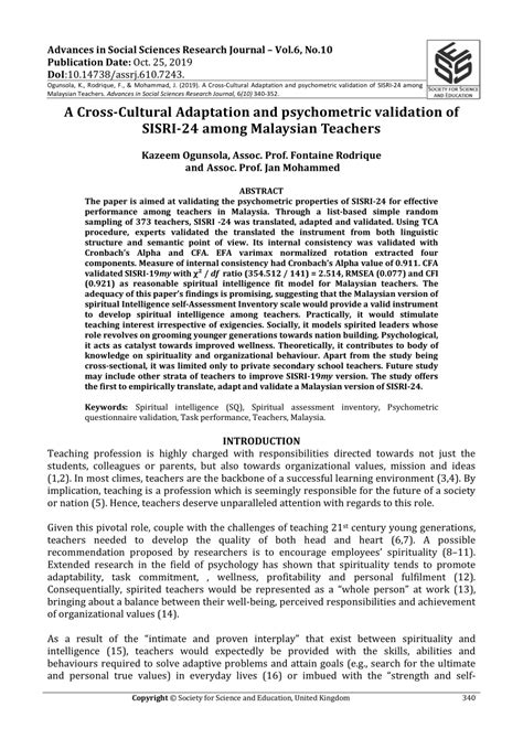 Pdf A Cross Cultural Adaptation And Psychometric Validation Of Sisri 24 Among Malaysian Teachers