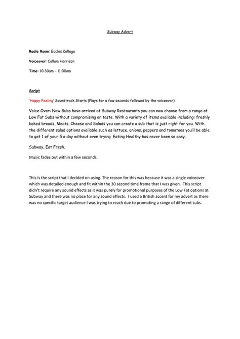 Subway Advert Script 2 Docx Healthy Cooking And Eating Food And Drink