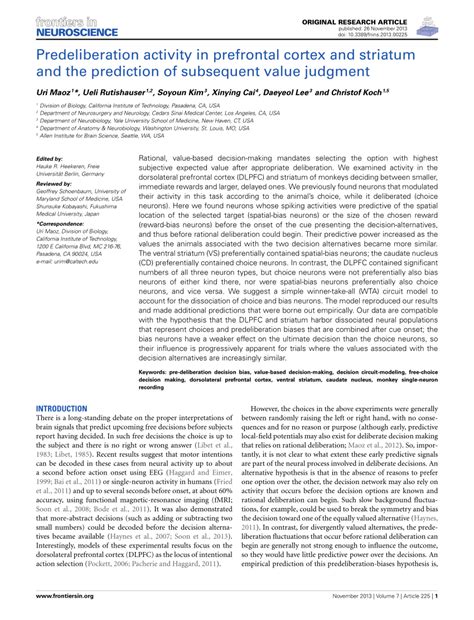 Pdf Predeliberation Activity In Prefrontal Cortex And Striatum And The Prediction Of