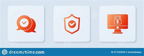 Set Shield With Check Mark Check In Speech Bubble And Lock On Monitor