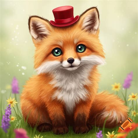 A Cute Cartoon Fox Wearing A Red Wizard Hat Sits In A Field Of Colorful Flowers Under A Bright
