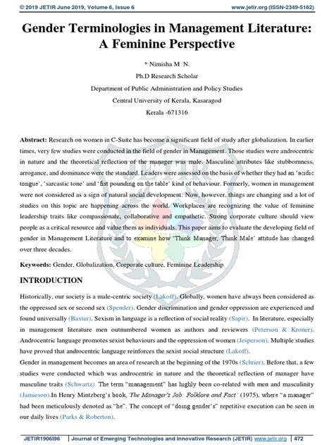 Gender Terminologies In Management Literature A Feminine Perspective
