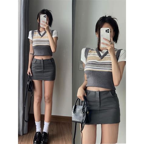 HÌnh ThẬt Áo Len Gile Chân Váy Mini Xám Shopee Việt Nam