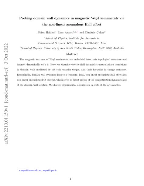 Pdf Probing Domain Wall Dynamics In Magnetic Weyl Semimetals Via The Non Linear Anomalous Hall