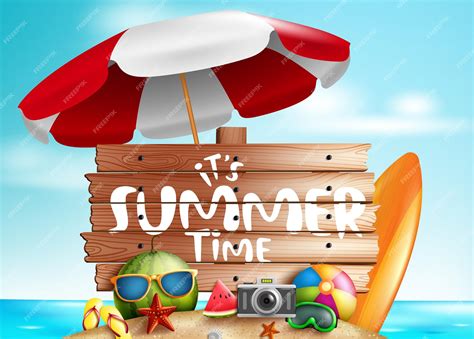 Premium Vector | Summer time vector concept design Its summer time text with beach elements