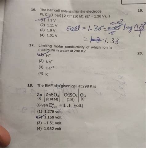 The Emf Of A Given Cell At 298 K Is Given Ecell ∘ 1 1 Volt Filo