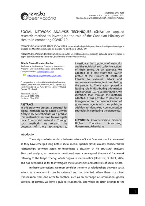 PDF SOCIAL NETWORK ANALYSIS TECHNIQUES SNA An Applied Research Method To Investigate The