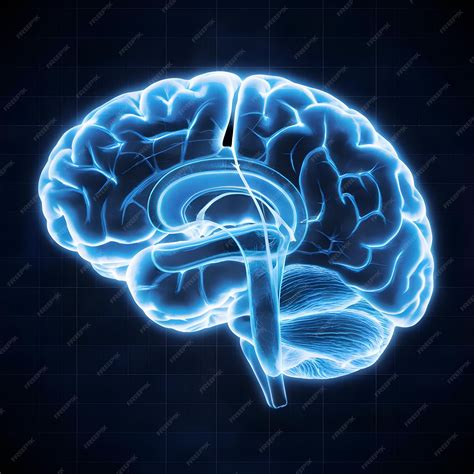 Translucent Blue Brain Against Dark Grid Background Highlighted Neural