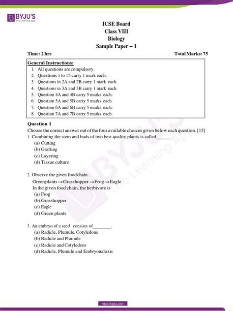 Icse Class 8 Biology Sample Paper 1 Pdf Adrenal Gland Endocrine System