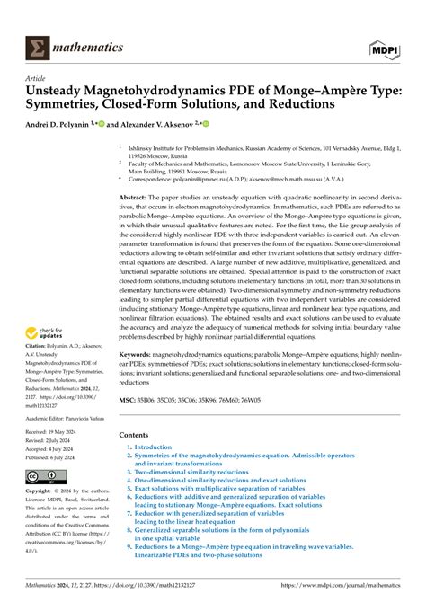 Pdf Unsteady Magnetohydrodynamics Pde Of Monge Ampère Type Symmetries Closed Form Solutions