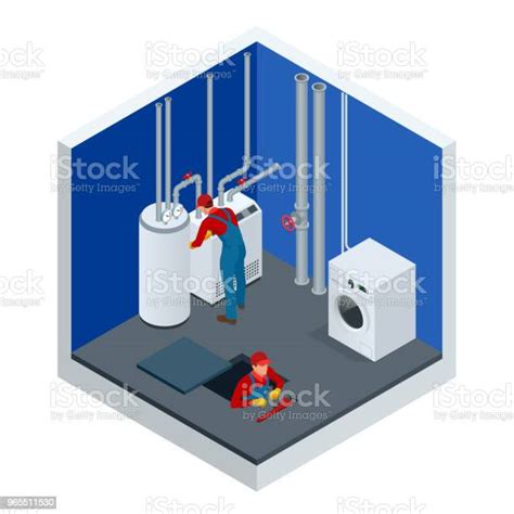 아이소메트릭 콘 덴 싱 보일 러 가스 보일 러 룸에 작업자는 중앙 가스 보일 러 집에서 열을 설정 합니다 건설 유지 보수 및 수리 개념입니다 벡터 일러스트 레이 션 등측