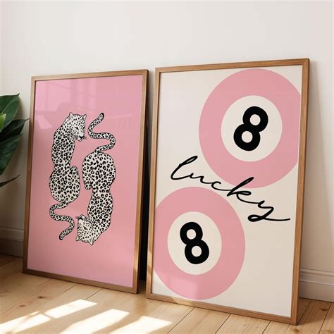 Light Pink Wall Art Set Retro 8 Ball Poster Pink Cheetah Print