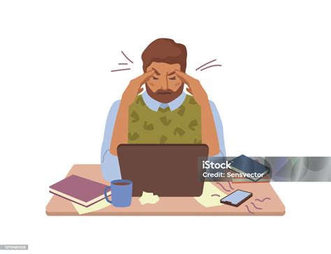 작업에 집중하고 완료하려고 노력하는 직원 문제 및 과부하를 다루는 랩톱을 가진 벡터 작업자 직장에서의 스트레스와 압력 좌절 매니저 사업가 플랫 만화 캐릭터 사색에 대한 스톡