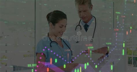 Reviewing Tablet Data Medical Professionals With Financial Stock Market Animation Overlay Stock
