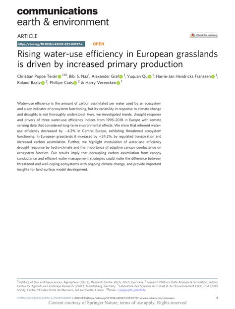 Pdf Rising Water Use Efficiency In European Grasslands Is Driven By Increased Primary Production