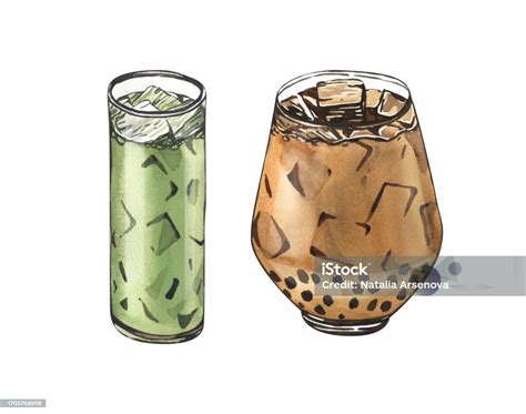수채화 아이스 버블티와 녹색 말차가 컵에 담겨 있습니다 손으로 그린 그림은 흰색 배경에 분리되어 있습니다 음료가 포함된 레시피 목록 카페 브로셔 바에 적합합니다 각얼음에