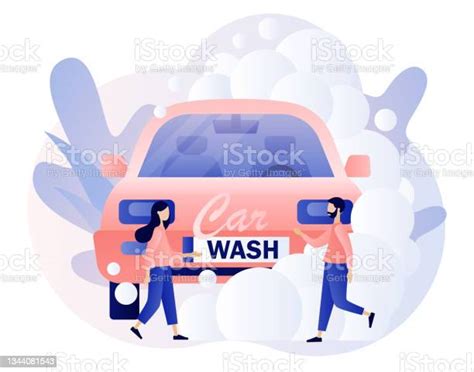 교통은 깨끗합니다 세차 서비스 작은 사람들은 물과 거품으로 자동차를 씻는다 현대 플랫 만화 스타일 흰색 배경의 벡터 그림 개념에