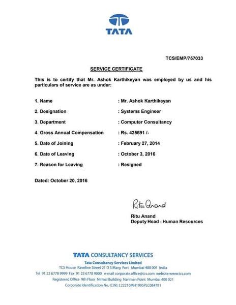 Tcs Experience Letter