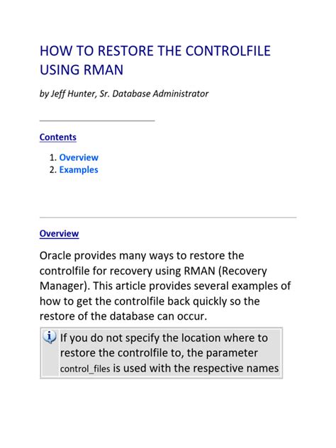 How To Restore The Controlfile Using Rman Pdf Backup Data
