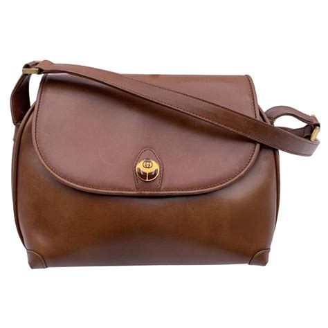 Gucci Vintage Brown Leather Shoulder Bag Double Flap For Sale At 1stdibs