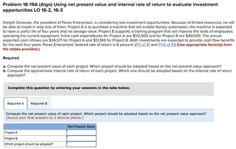 Solved Problem 16 19a Algo Using Net Present Value And