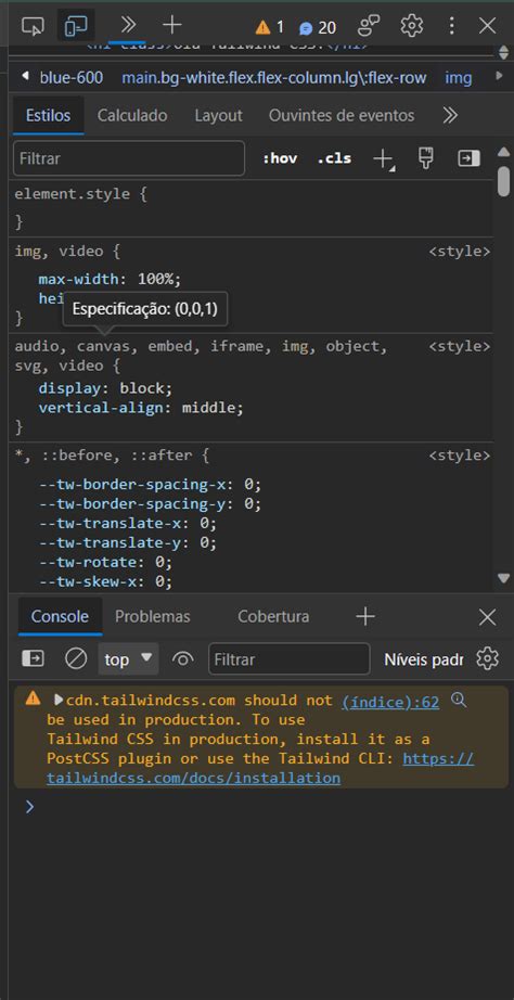 Bug Erro no terminal do navegador Tailwind CSS estilizando a sua página com classes