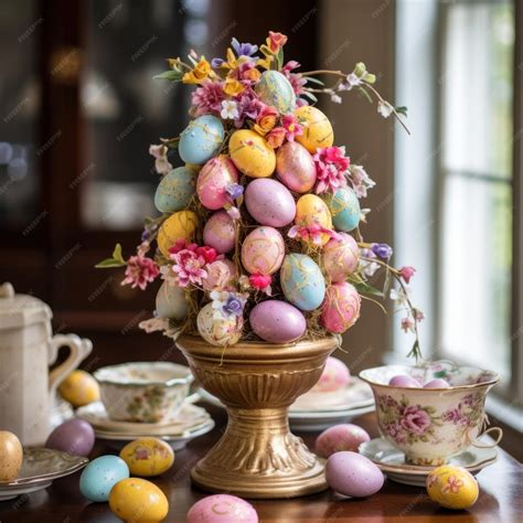 Premium Photo A Classic Easter Scene Featuring A Basket Of Eggs And A