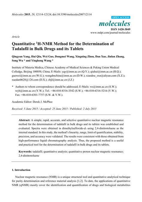 Pdf Quantitative H Nmr Method For The Determination Of Tadalafil In Bulk Drugs And Its Tablets