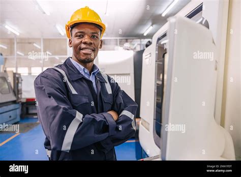 Portrait Smart Black African Male Engineer Worker Working With Cnc
