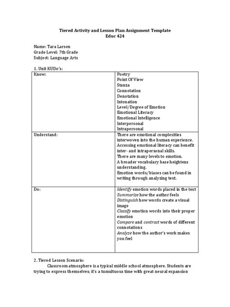 Tiered Activity And Lesson Plan Assignment Template Download Free Pdf Emotions Lesson Plan