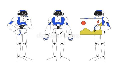 Humanoid Robots Ai Performing Tasks Linear Flat Color Vector Characters