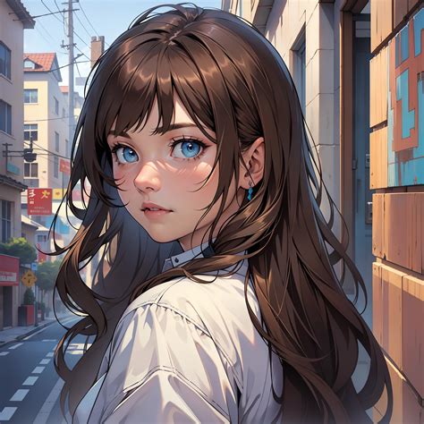 Anime Girl With Long Brown Hair And Blue Eyes Standing In The Street