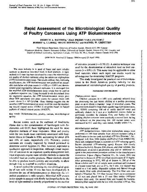 Pdf Rapid Assessment Of The Microbiological Quality Of Poultry Carcasses Using Atp Bioluminescence