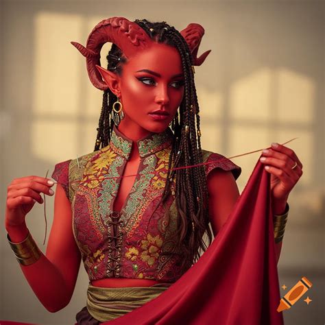 A Red Skinned Tiefling Woman With Horns And Braided Hair Wears A Detailed Patterned Blouse